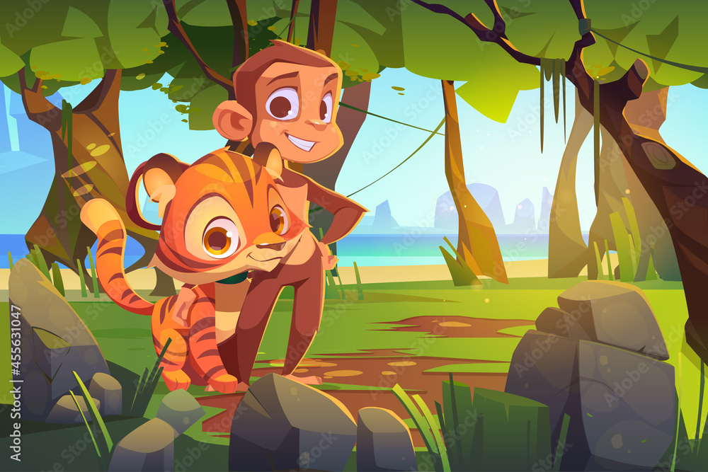 Cute monkey and tiger stand together in jungle. Vector cartoon ...