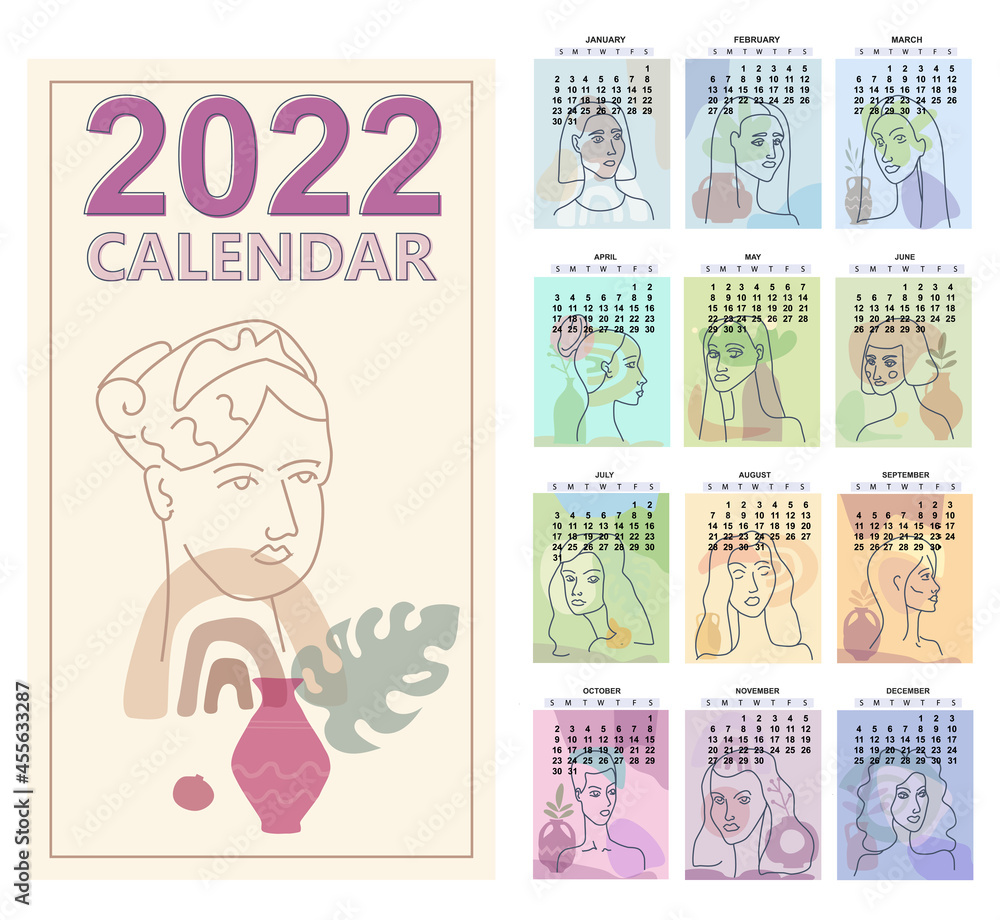 2020 Calendar Woman Face Minimal Line Art. Set of 12 months one line ...