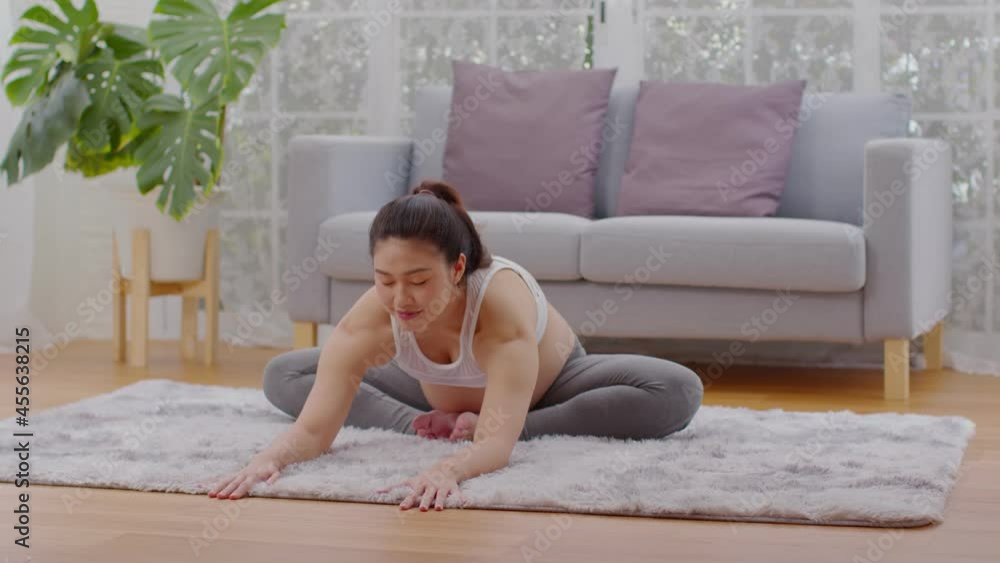 Happy Attractive Asian Pregnant Woman Practice Yoga Baddha Konasana