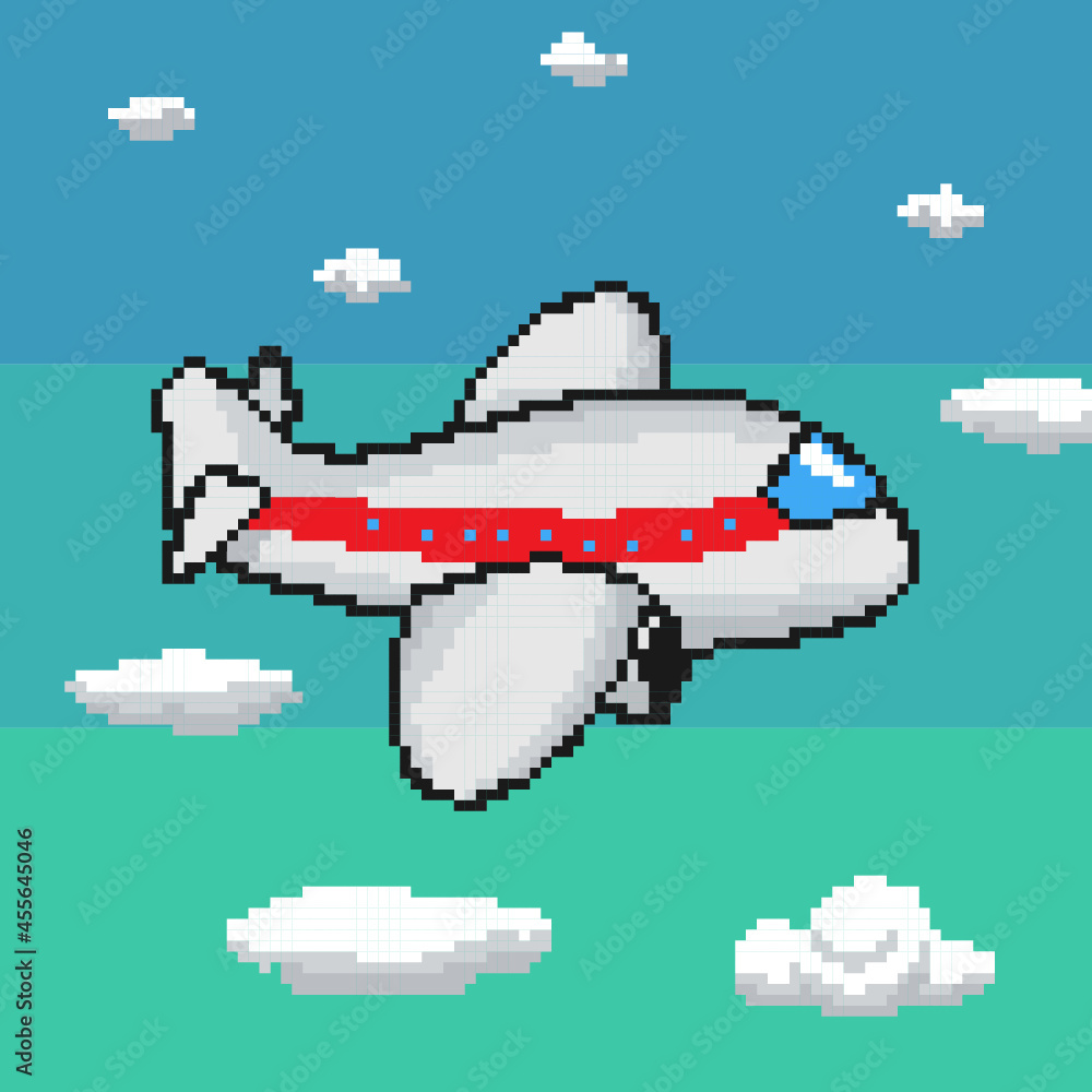 Pixel Art, Passenger commercial airplane flying above clouds. Stock ...