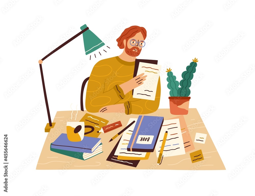 Novel writer at desk with books and papers. Creative author sitting at ...