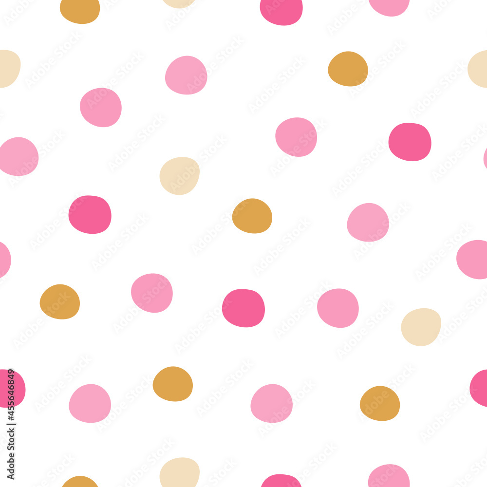 Seamless hand drawn pattern with pink and yellow dot spheres on white ...