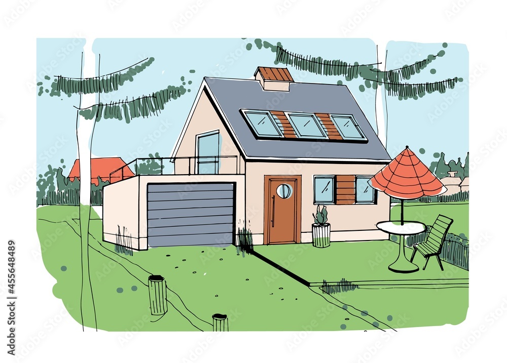 Country house exterior. Sketch of cottage home with lawn on backyard ...