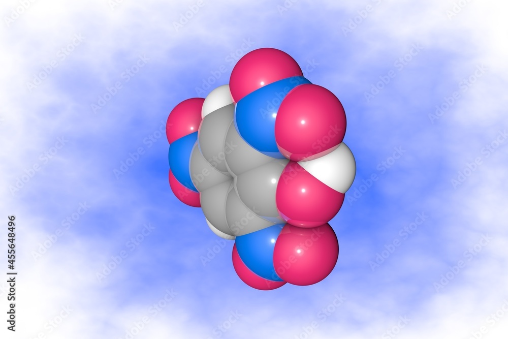Space-filling molecular model of picric acid. Atoms are represented as ...