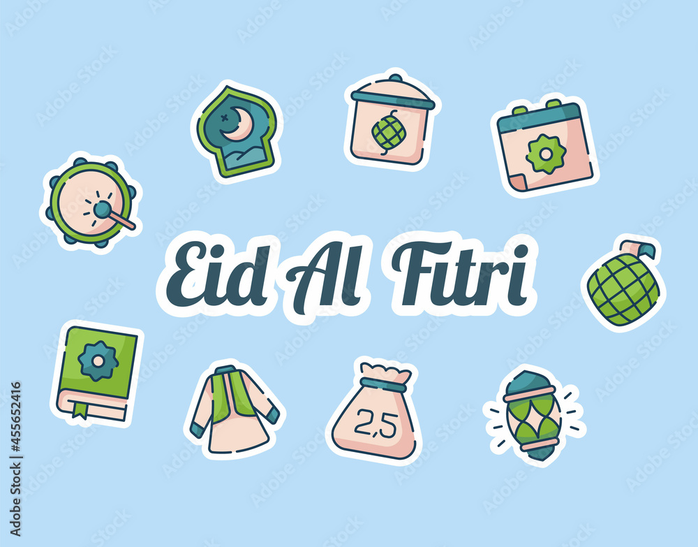 eid al fitri lettering around set icons package blue isolated ...