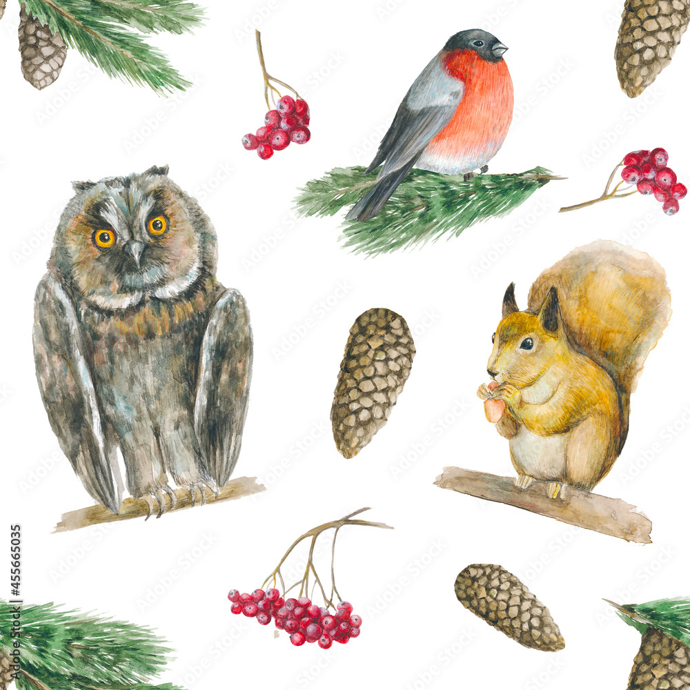 Seamless pattern with forest animals. Watercolor illustration. The ...