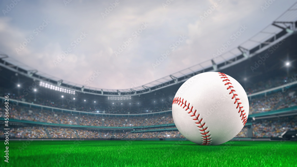 Grassy field and baseball ball with stadium bulding background. Digital ...