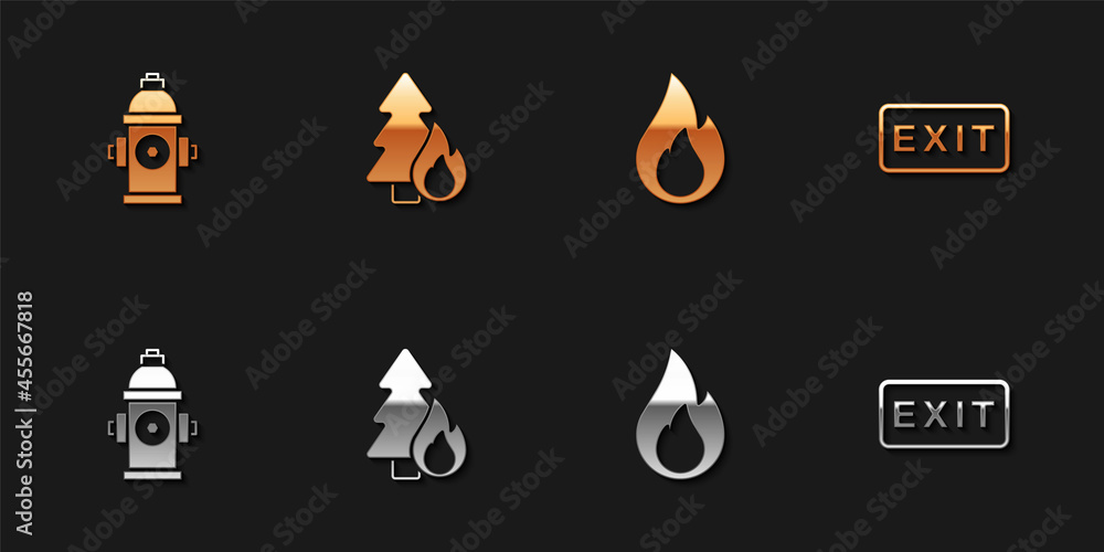 Set Fire hydrant, Burning forest tree, flame and exit icon. Vector ...
