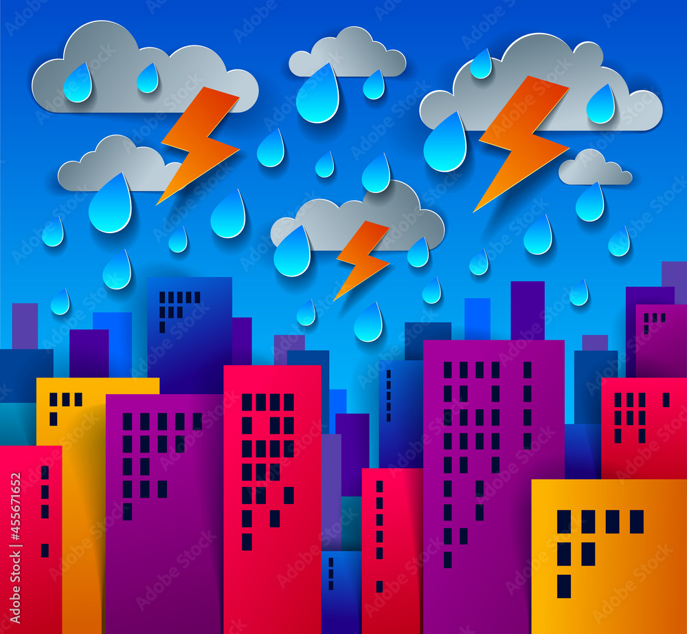 Cityscape under thunderstorm and lightning cartoon vector illustration ...