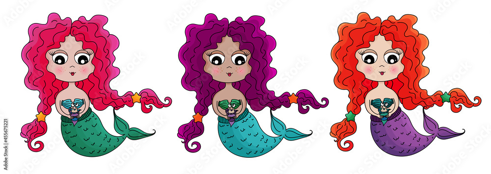 Cute little mermaid with little sea snail. Cartoon mermaid with long ...