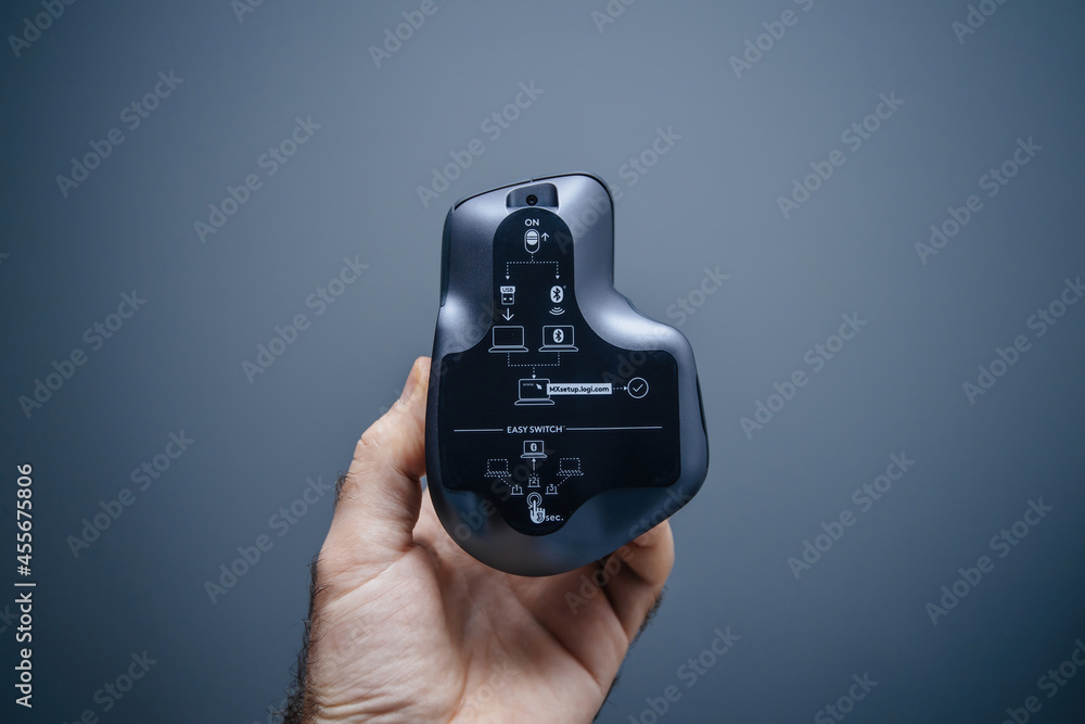 Paris, France - Dec 3, 2019: POV male hand holding new Logitech MX ...