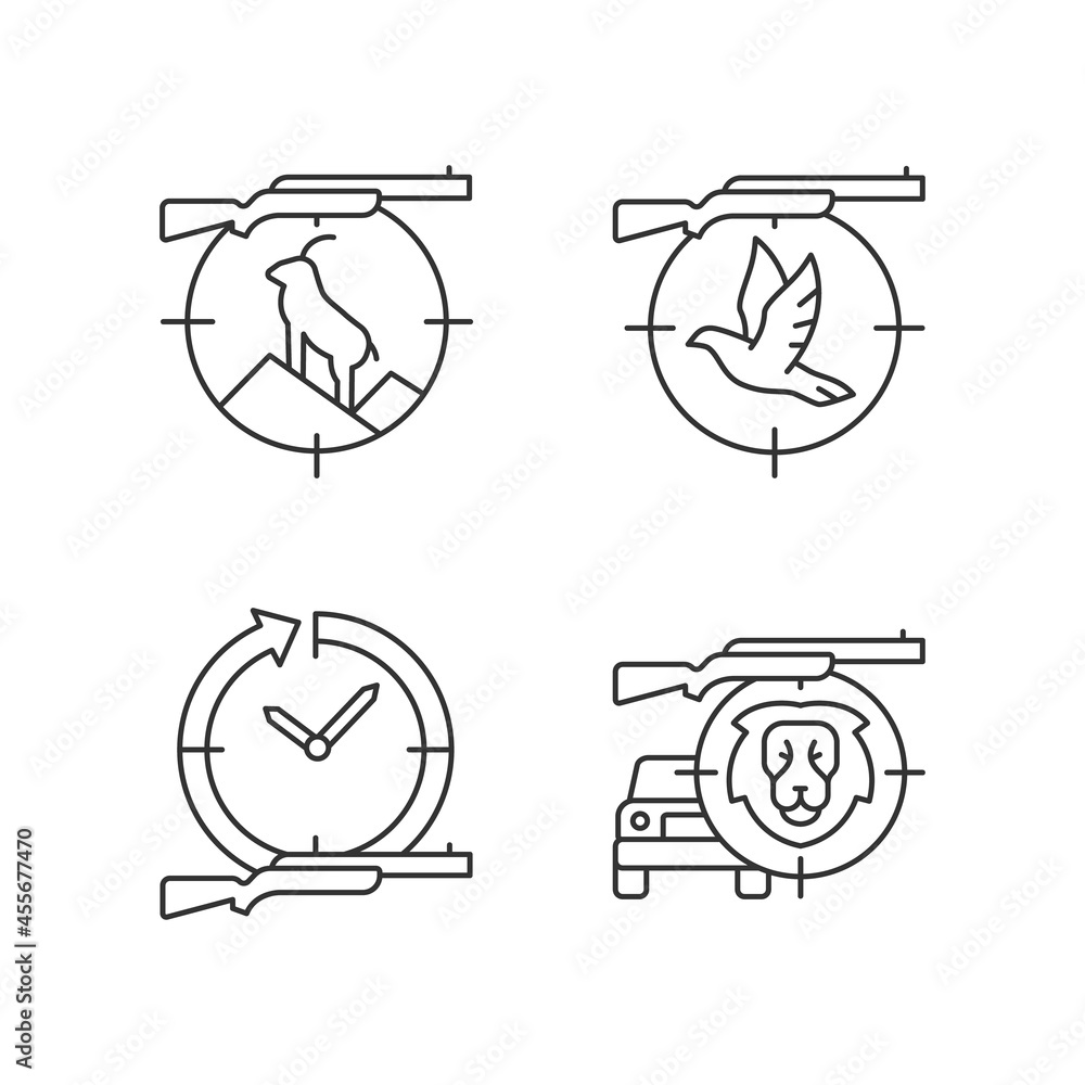 Hunting types linear icons set. Mountain hunting. Pigeon shooting. Day ...