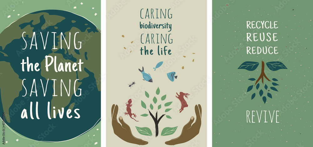 Posters set about recycling, biodiversity and fighting against climate change with texts for the ...