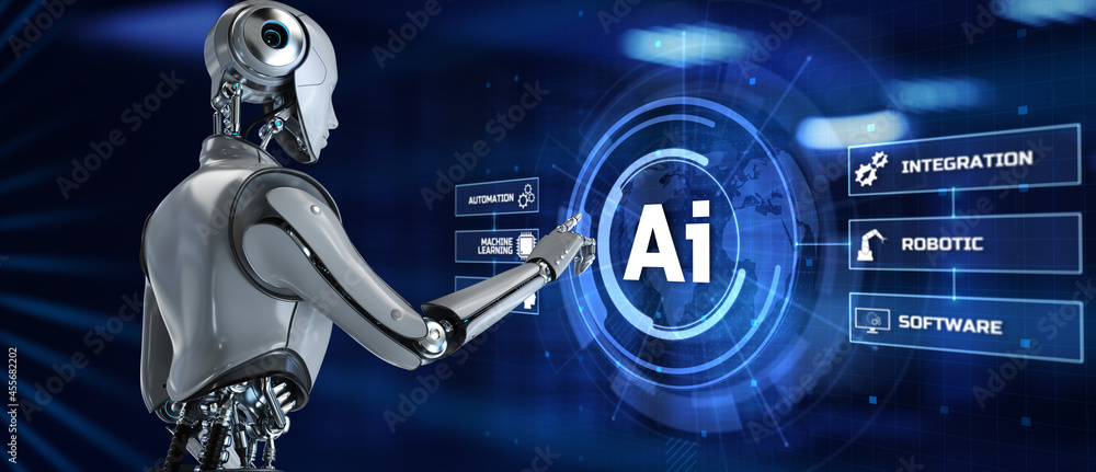 Ai Artificial intelligence concept neural network. Robot pressing button on screen 3d render ...