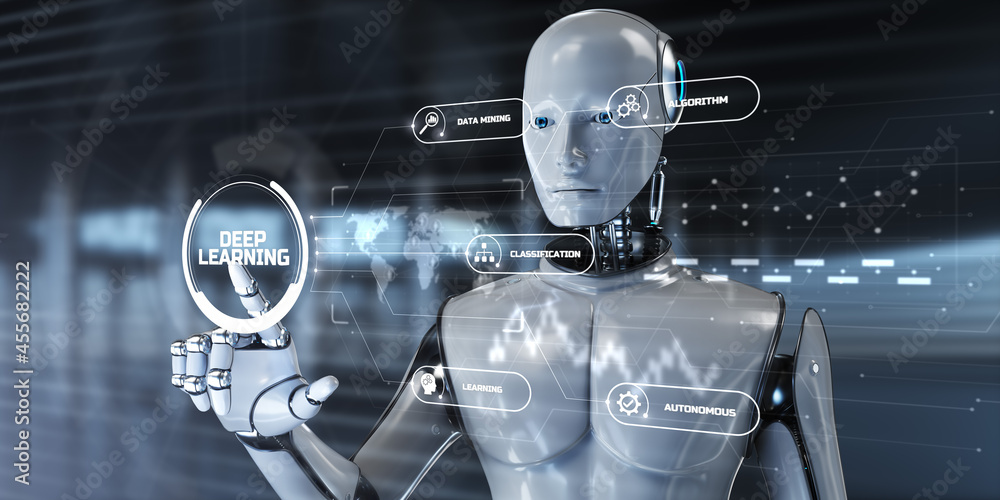 Deep learning artificial intelligence neural network. Robot pressing button on screen 3d render ...