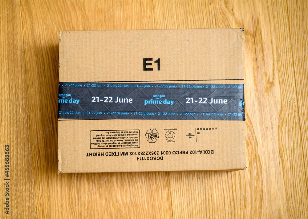 Paris, France - June 21, 2021: New Amazon parcel cardboard with special ...
