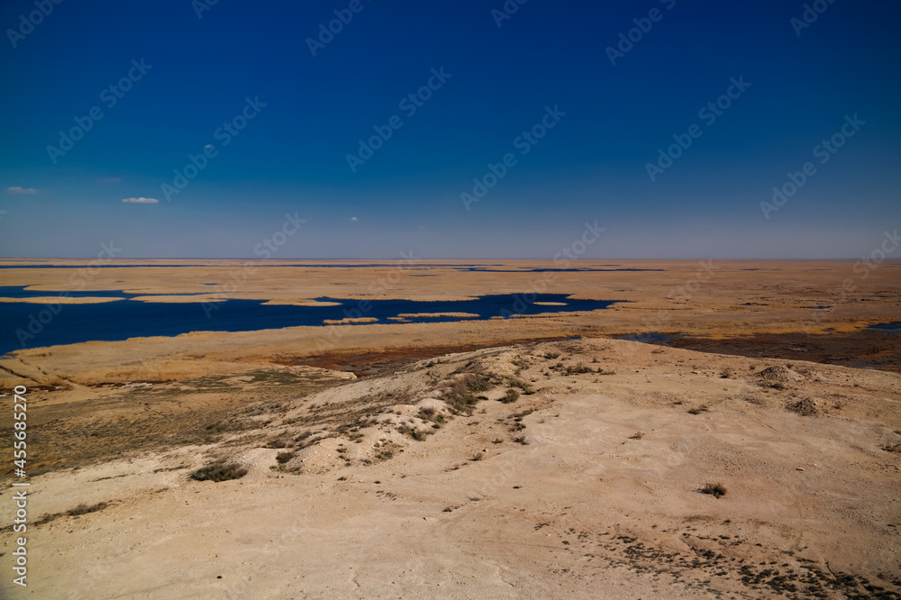 Landscape of Sudochye lake aka part of former Aral sea at Urga fishing ...