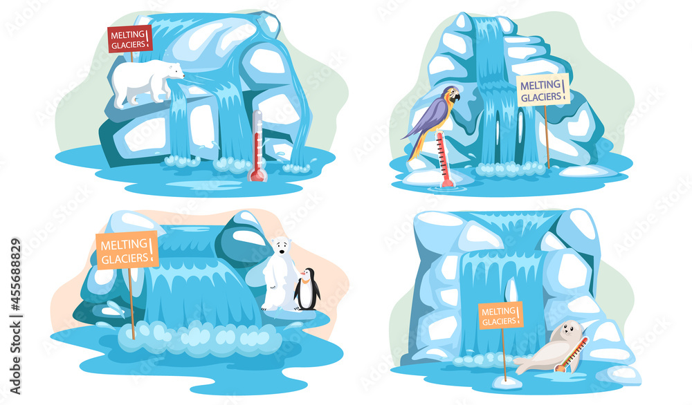 Set of illustrations about impact of global warming on animals. Melting ...