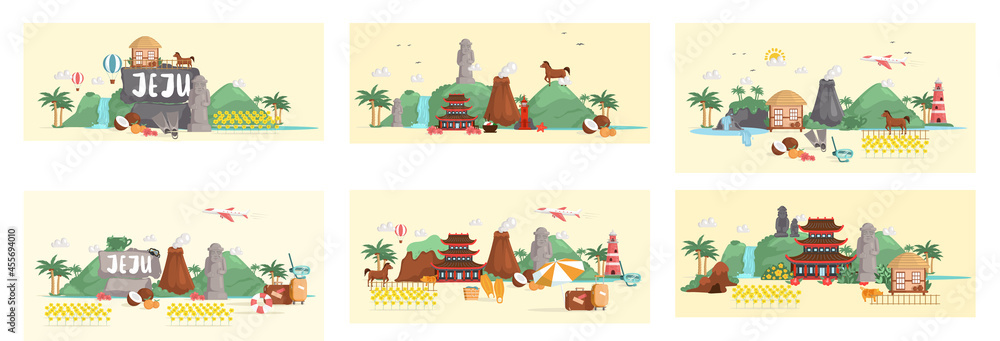 Jeju island in South Korea, tourist tour banner. Summer vacation ...