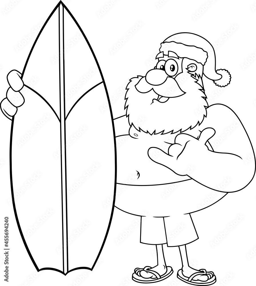 Outlined Santa Claus Cartoon Character With A Surfboard Giving A Thumb ...