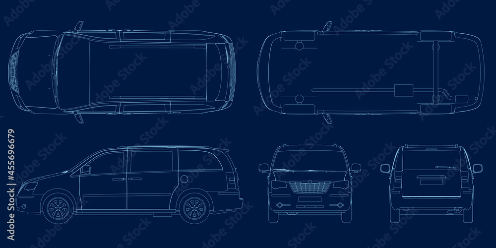 Set with the outline of the car in different positions from blue lines ...