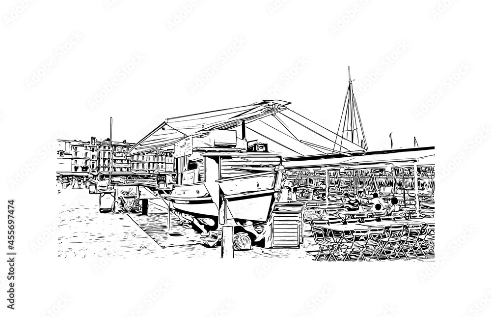 Building view with landmark of La Rochelle is the city in France. Hand ...