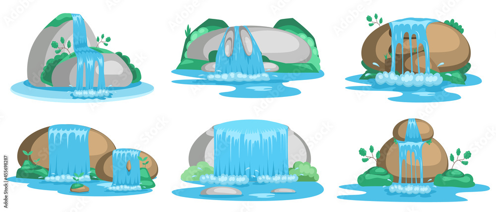 Falling water. River waterfall falls from cliff white background. Water ...