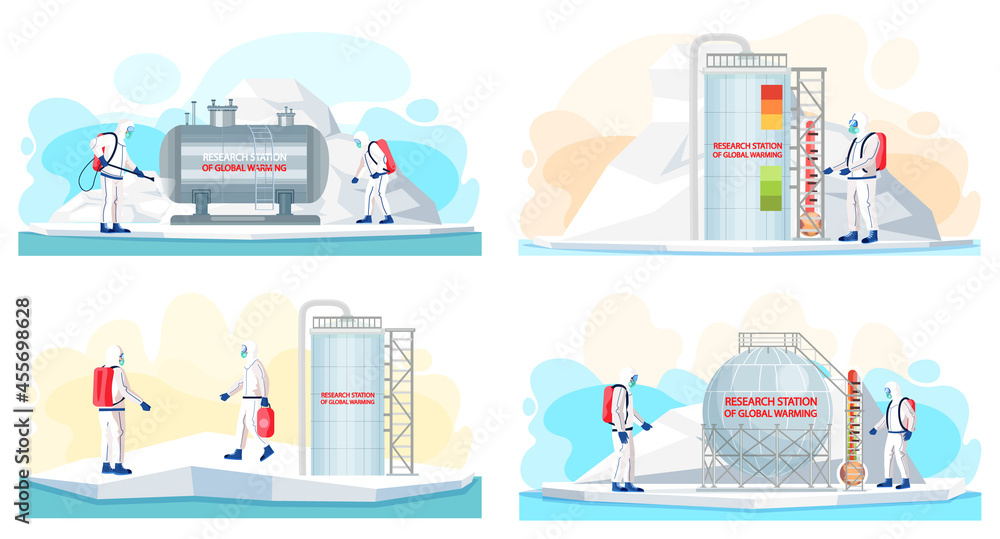 Scientists analyse climate change. Set of illustrations about work in ...