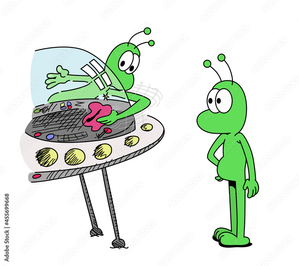 Cute green martians characters cleaning their spaceship, UFO. Isolated ...