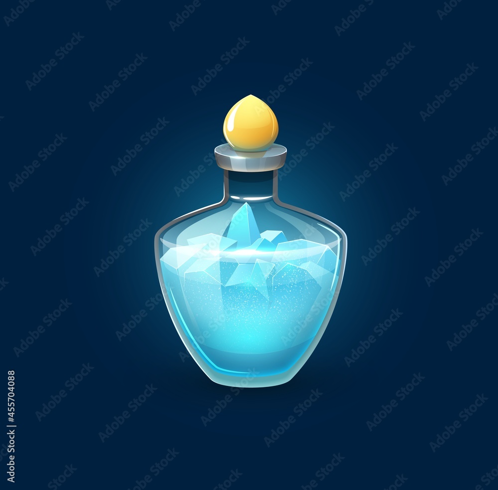 Witchcraft bubble potion bottle with frozen ice cubes. Magic potion ...