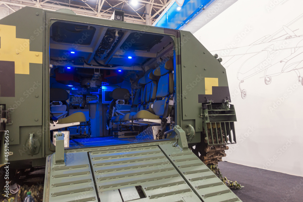 Seats for soldiers inside an armored military vehicle. Stock Photo ...