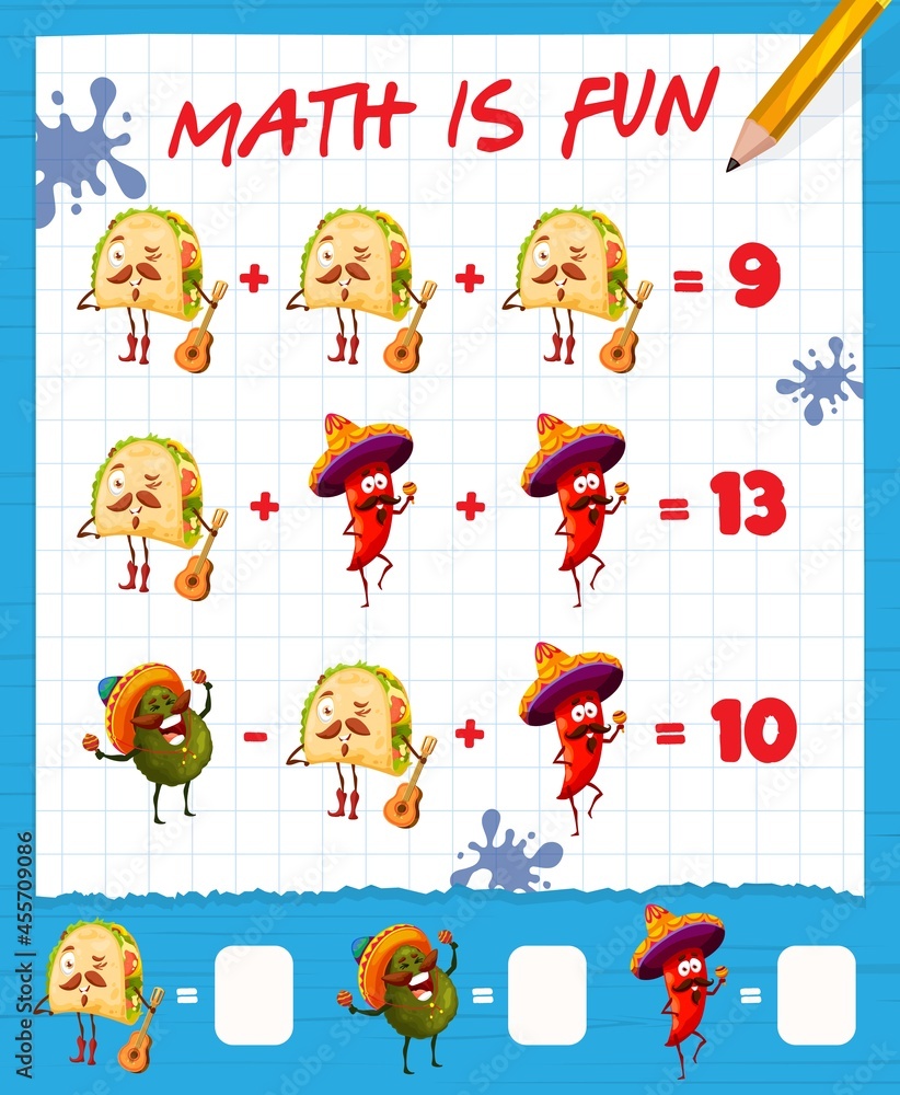 Math game worksheet with catoon Mexican tacos, avocado and chili pepper ...