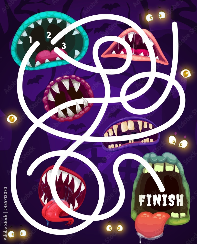 Kids maze game with monster mouths and eyes on cemetery. Vector ...