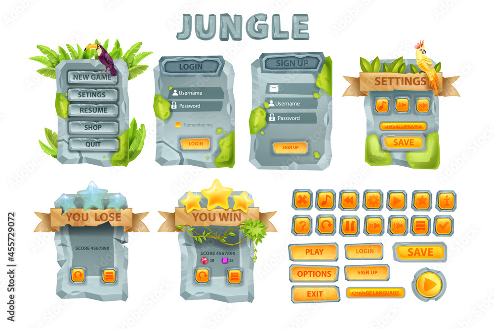 UI jungle game stone template kit, mobile app user interface set, tropical rock menu panel ...