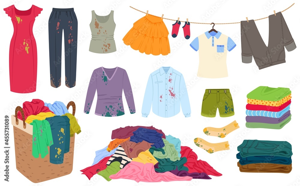 Dirty clothes with stains, pile of clothing in laundry basket. Stack of ...