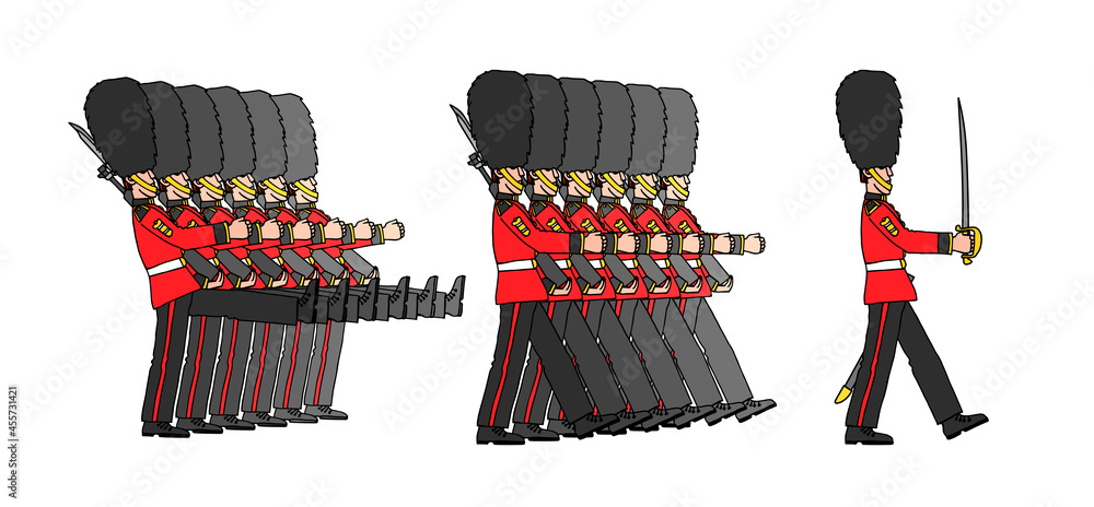 a festive military parade, marching royal soldiers in fur hats, a ...