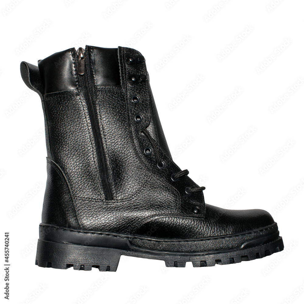 Black leather army boots on a white background.New military boots on a ...