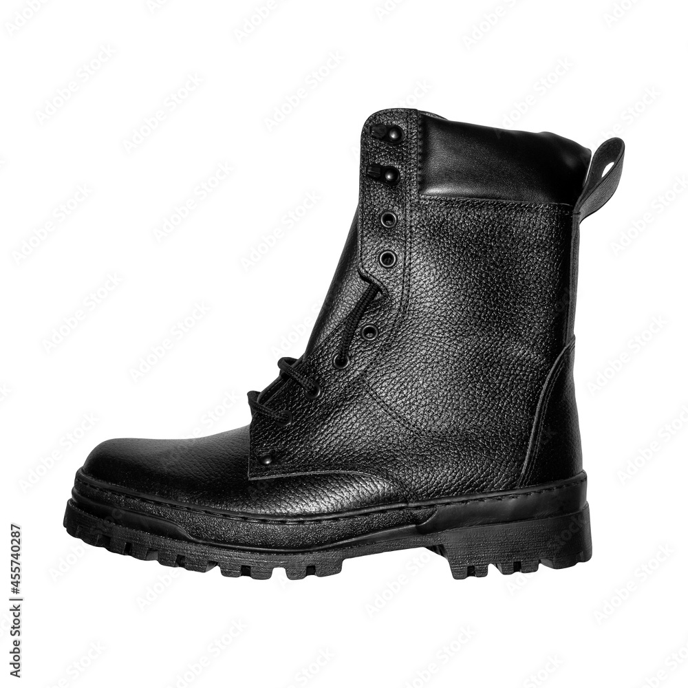 Black leather army boots on a white background.New military boots on a ...