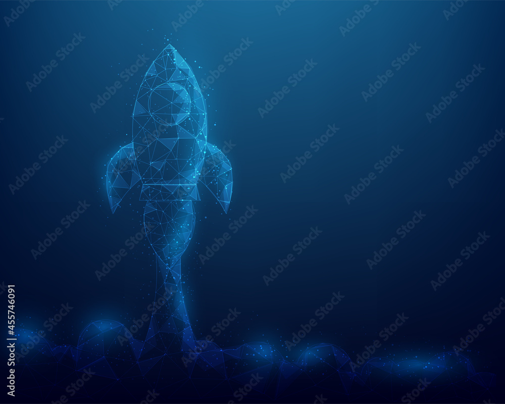 business startup low poly wireframe. rocket launch line and dot ...