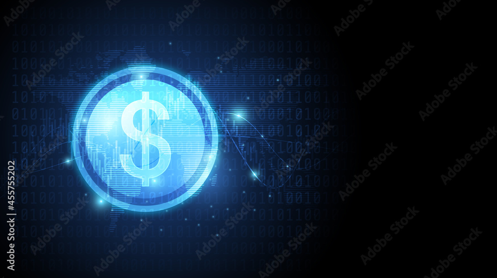 Dollar sign on digital binary code and world map chart in blue color ...