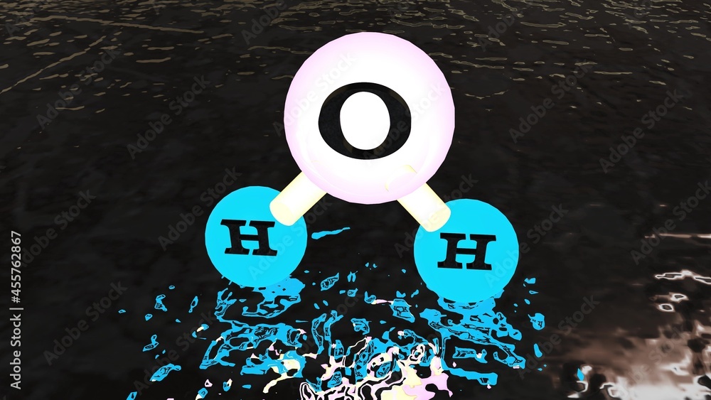 3D Illustration model of the water molecule H2O, H2O floating over ...