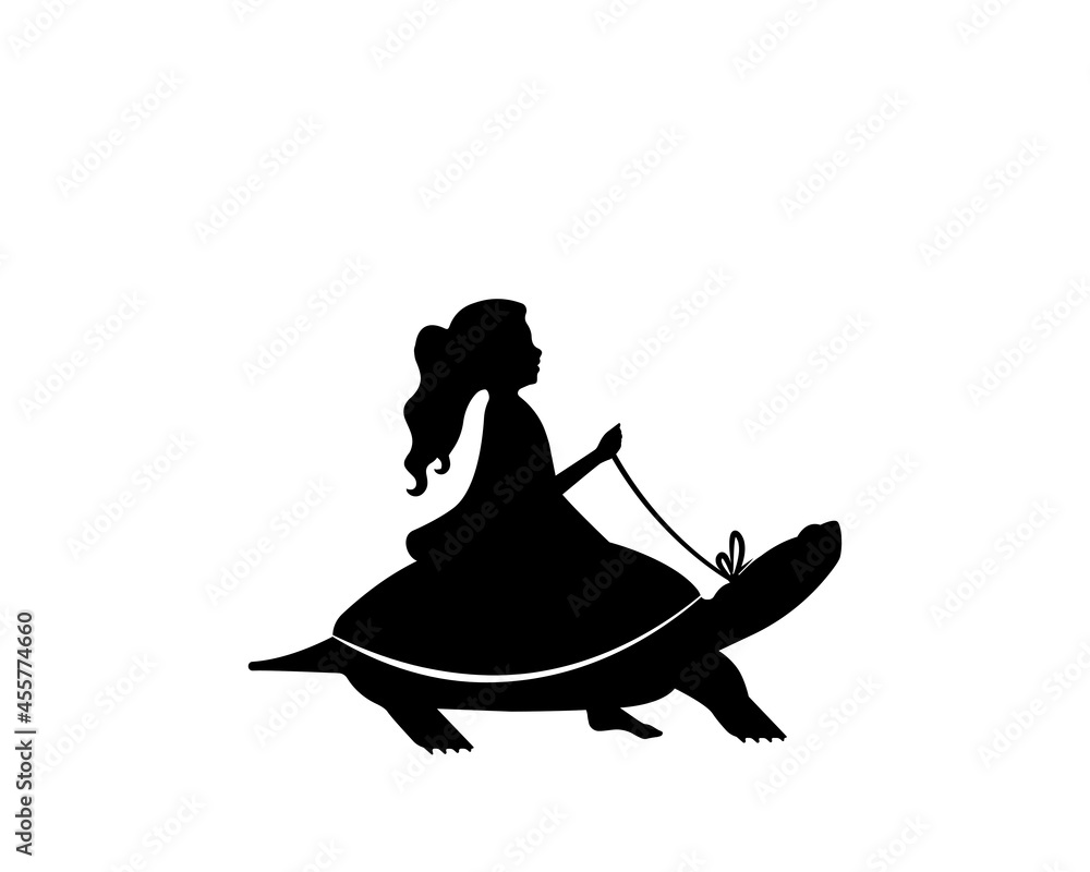 Child silhouete riding a turtle, vector. Little girl and turtle ...