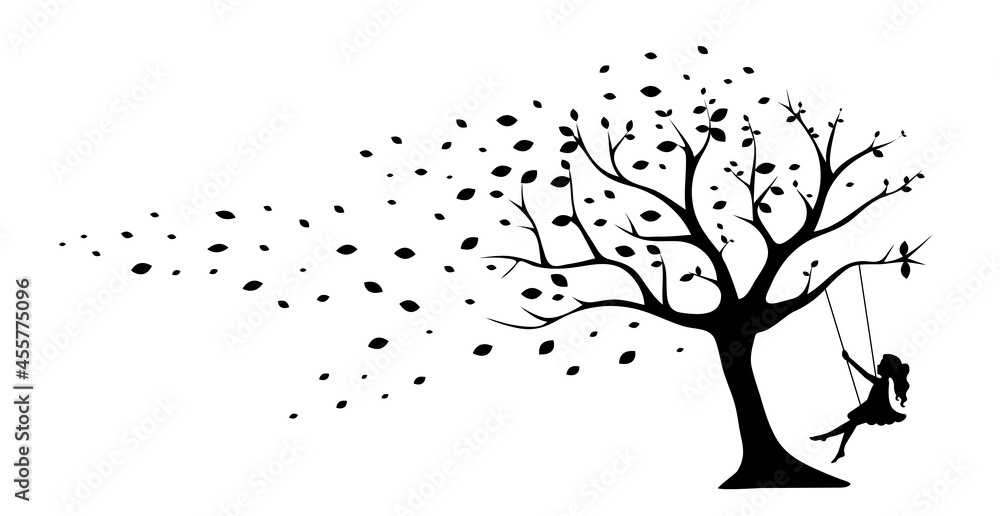 Windy leaves and tree with girl silhouette on a swing, vector. Cartoon ...