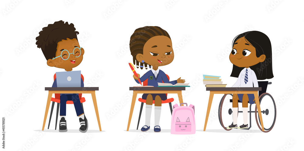 Cute primary pupils studying at diverse inclusion school wearing ...