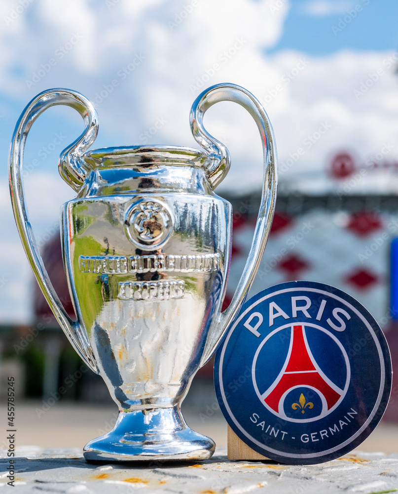 June 14, 2021 Paris, France. The emblem of the football club Paris ...