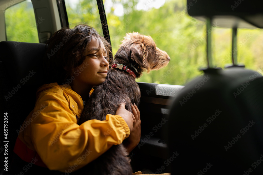 kid and his dog traveling by car Stock Photo | Adobe Stock