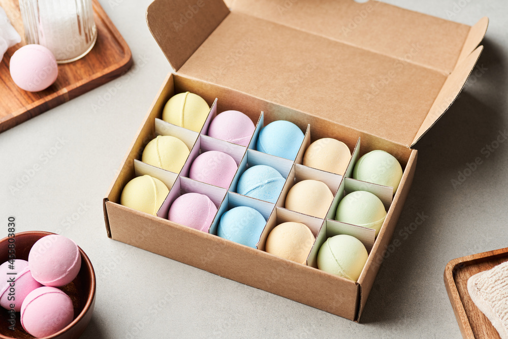 Cardboard package of organic bath bombs Stock Photo | Adobe Stock