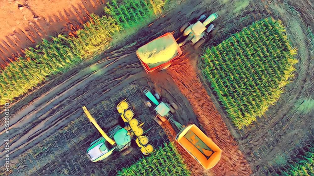 Animated effect, farm machines harvesting corn, mesmerizing and magical ...