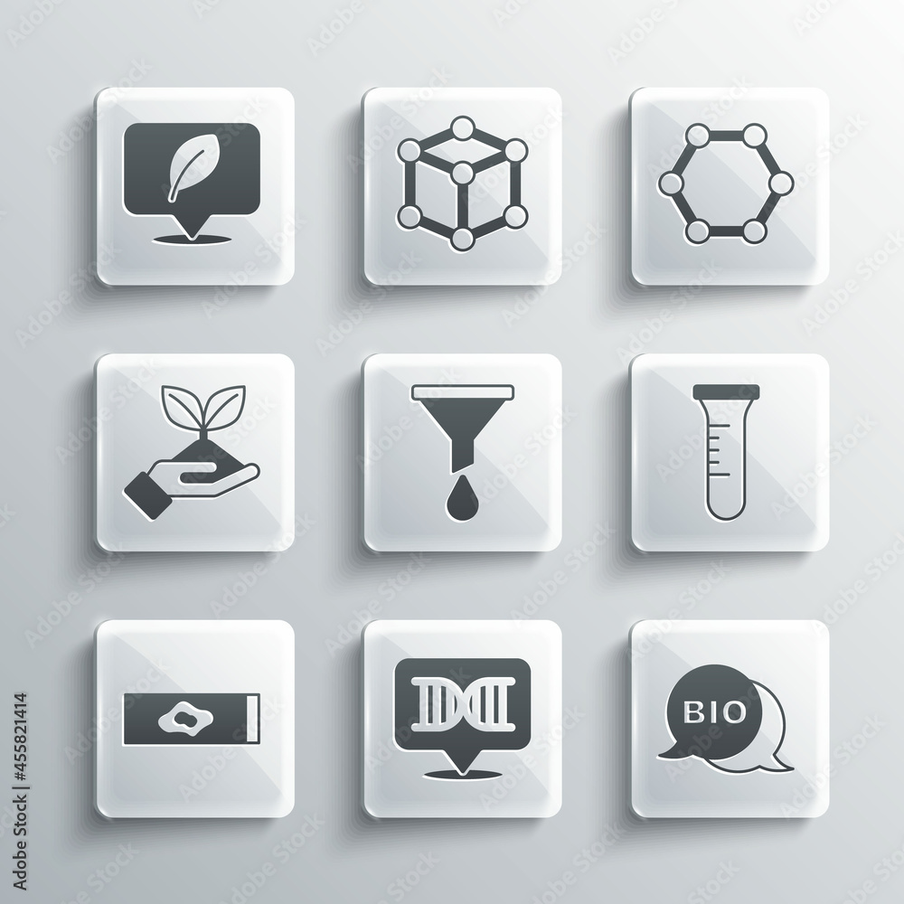 Set DNA symbol, Bio healthy food, Test tube and flask, Funnel or filter ...