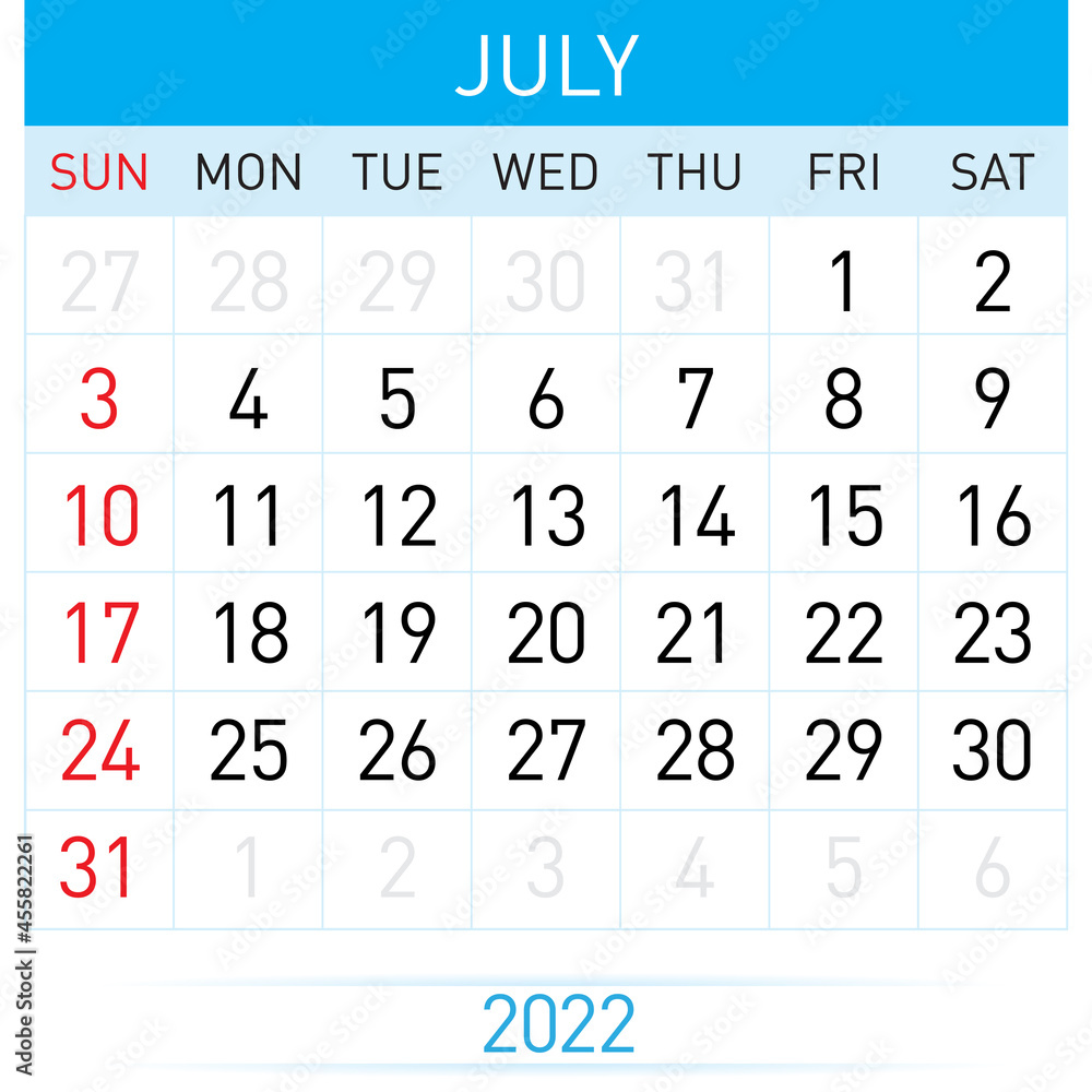Vetor de July Planner Calendar 2022. Illustration of Calendar in Simple ...